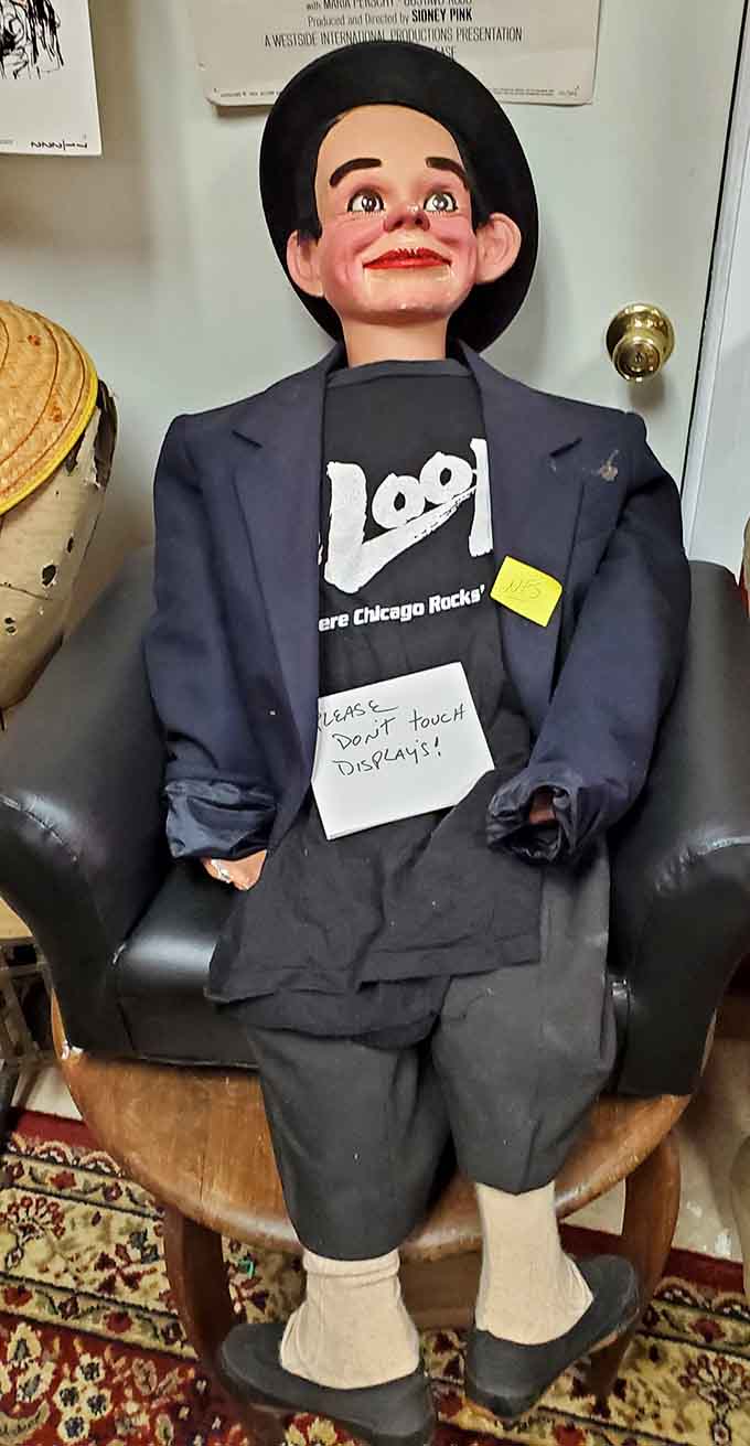 This ventriloquist dummy politely requests you don't touch the displays, which is probably good advice considering how unsettling those glass eyes are.