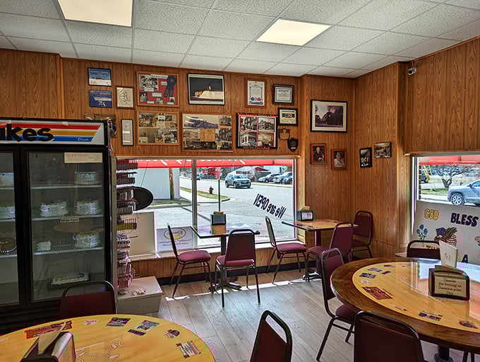 Wood-paneled walls adorned with local memorabilia create the perfect backdrop for conversations and connections over coffee and pastries.