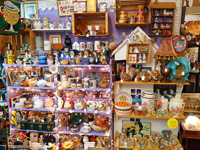 Shelves overflow with the kind of trinkets and treasures that make you stop and wonder about the stories behind each piece, from souvenir pennants to delicate teacups.