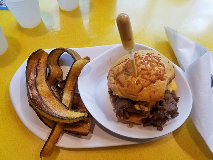 This hearty steak sandwich comes with plantain chips cleverly sliced to resemble bananas &ndash; the Minions' favorite fruit gets a savory twist!