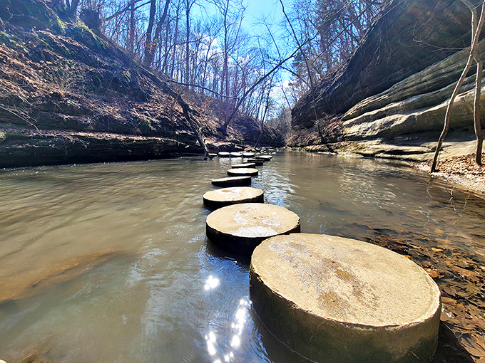 Stepping stones create a natural pathway across the stream, inviting visitors to test their balance in pursuit of canyon views.