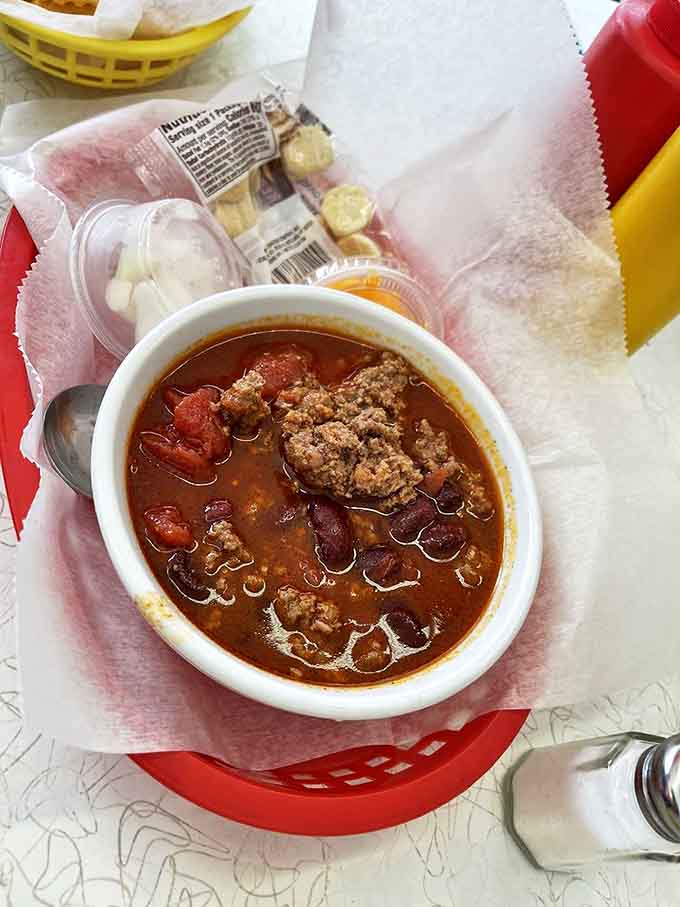Hearty chili that sticks to your ribs and warms your soul, served with those little oyster crackers that bring back elementary school lunch memories.