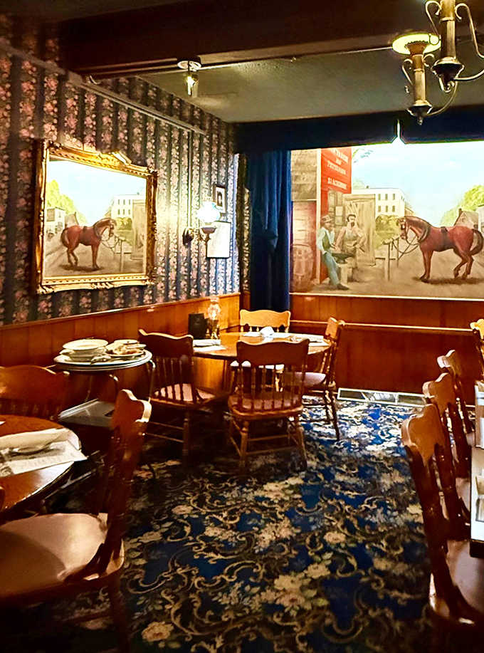 Horse-themed artwork watches over diners in this charming room where patterned wallpaper and wooden furnishings transport you to another era.