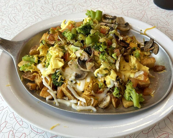 The Veggie Skillet proves healthy-ish can still be delicious, with broccoli and mushrooms playing nicely with eggs and cheese.