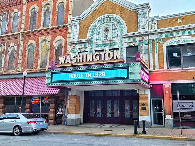 The Washington Theater's marquee still lights up downtown Quincy, its terra cotta fa&ccedil;ade and decorative elements a celebration of 1920s theatrical grandeur.