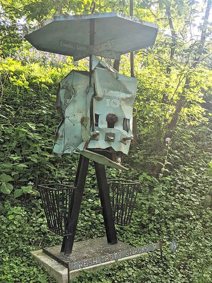 A vintage snack machine reimagined as art, because even vending machines deserve a second act in life beyond dispensing chips.