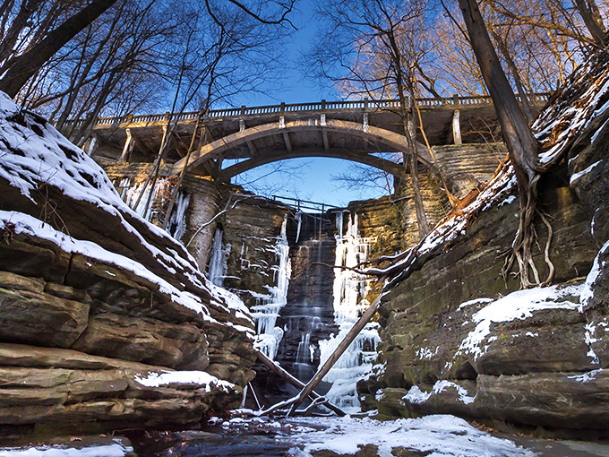 Winter transforms Matthiessen's bridge into something from a fairy tale, where frozen cascades create nature's most spectacular ice sculpture.