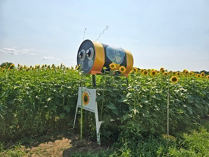 This whimsical bee barrel watches over its real-life counterparts with googly-eyed enthusiasm &ndash; nature's supervisor taking a well-deserved break.