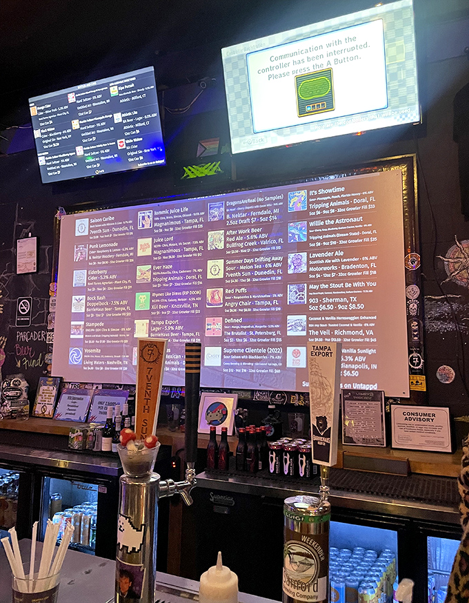 The digital beer menu glows above the bar &ndash; a modern solution for showcasing Florida's finest brews in appropriately pixelated style.