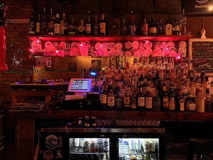 The bar after dark transforms into a potion master's dream, with bottles glowing like magical elixirs waiting to be discovered.