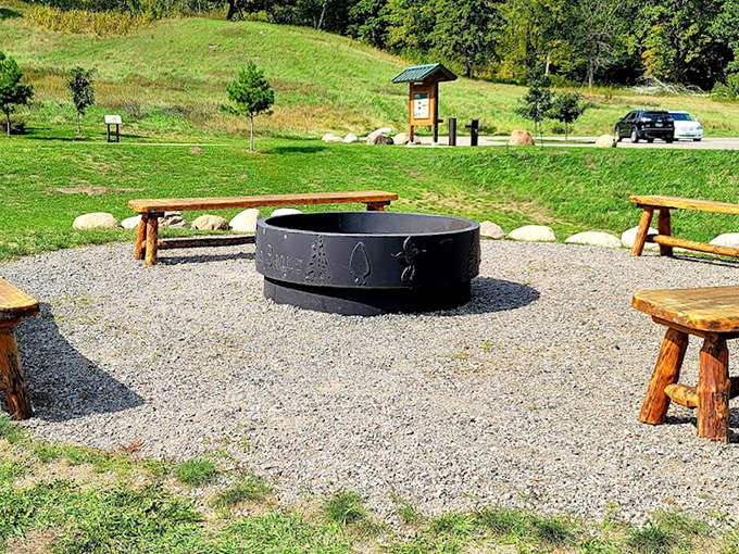 The ultimate outdoor living room &ndash; rustic benches circling a fire pit where stories are shared and marshmallows achieve golden perfection.