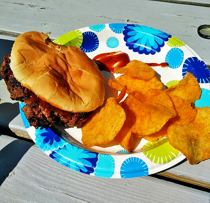A simple burger and chips served on a paper plate - no fancy presentation needed when the flavor speaks volumes.