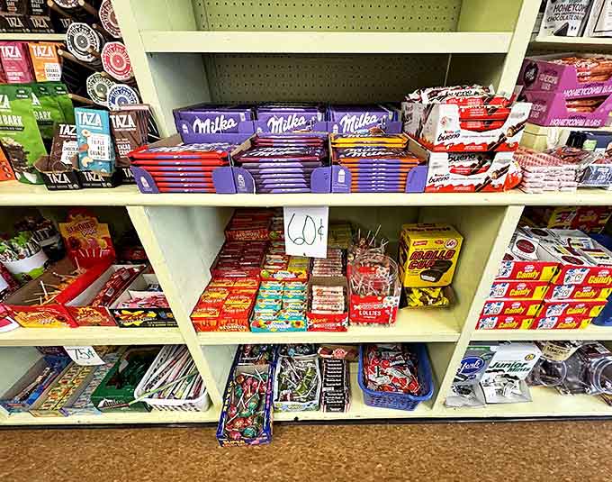 European chocolates like Milka bars sit alongside American classics, offering a world tour of confectionery delights under one roof.