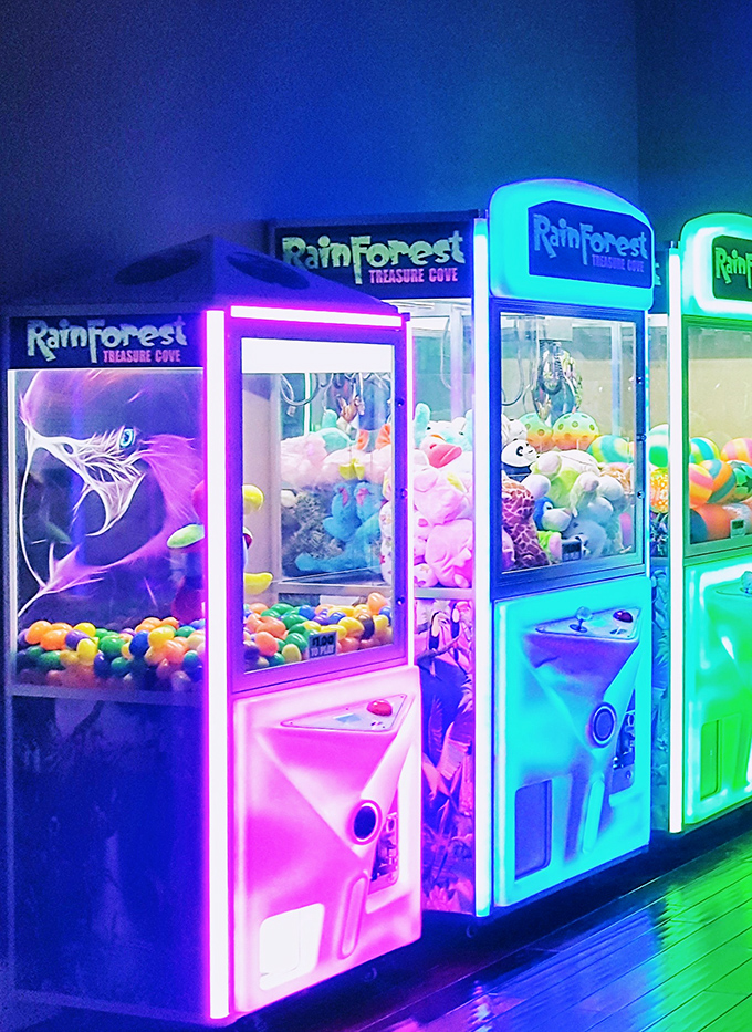 The claw machines at Rainforest Treasure Cove glow with possibility, each one a treasure chest waiting to be conquered by skilled hands.