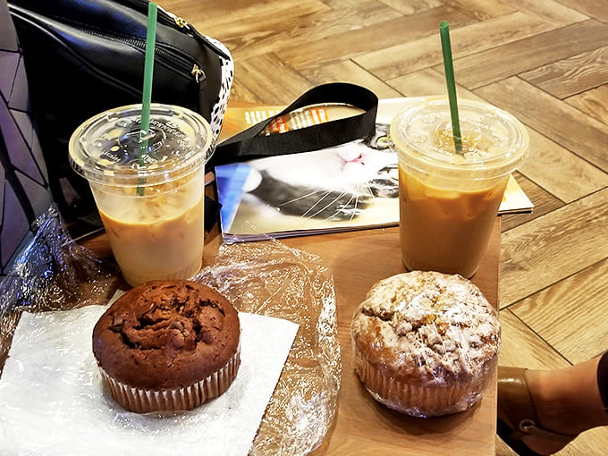 Sweet indulgence comes in pairs: rich muffins alongside perfectly crafted cold brews make for an afternoon treat worth savoring slowly.