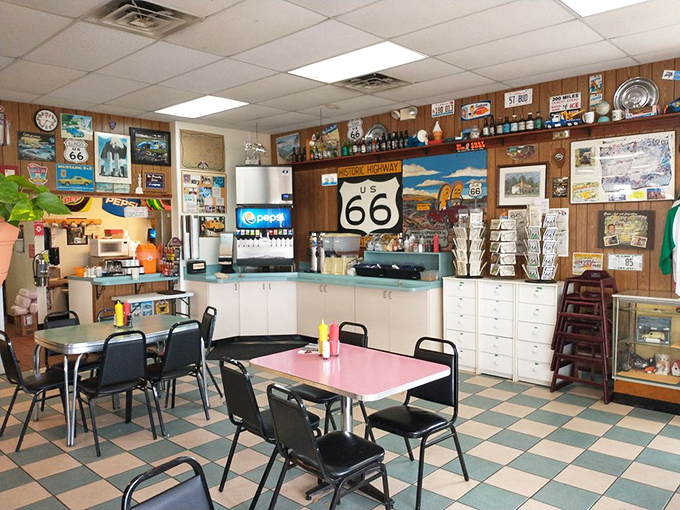 Checkerboard floors and retro tables transport diners back to simpler times when road trips meant discovering America one local eatery at a time.