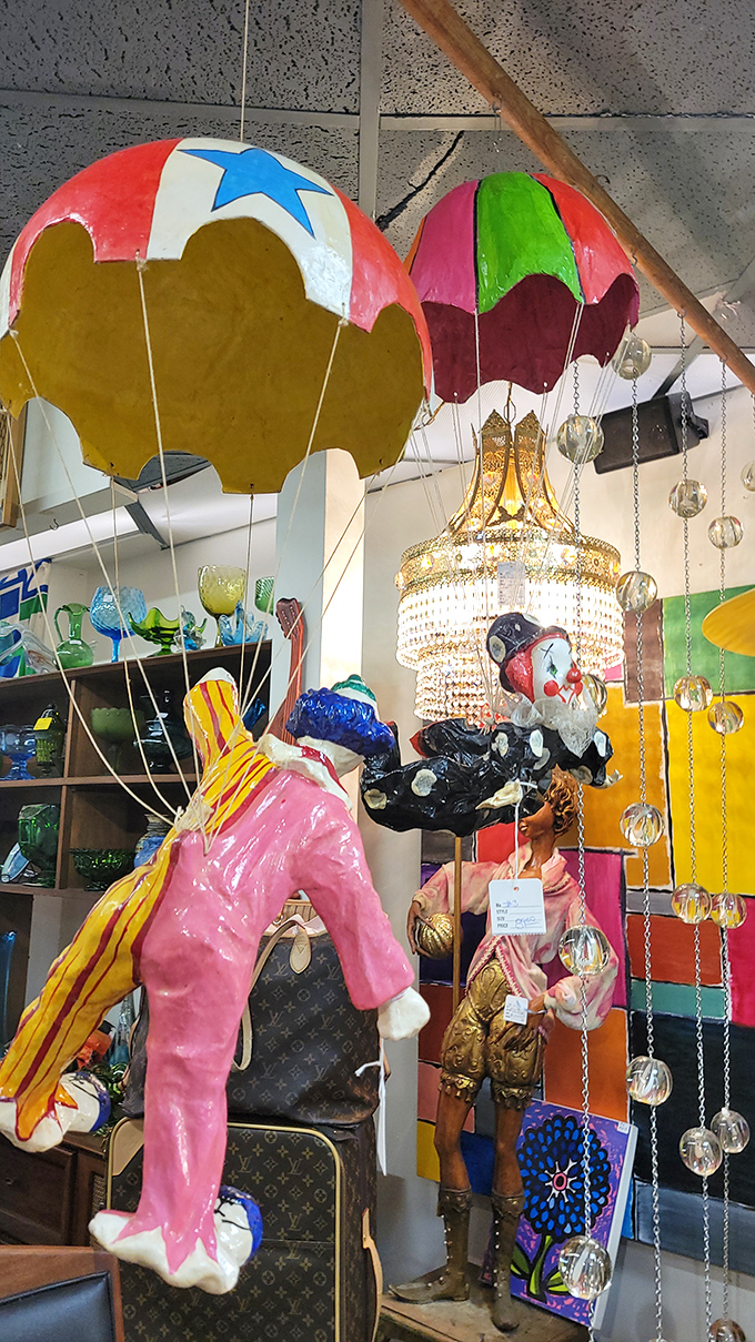These aren't just decorative parachutes &ndash; they're whimsical circus clowns floating down from the ceiling, because why not?
