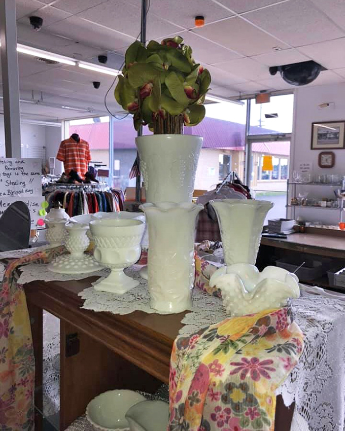Milk glass vases and decorative pieces create an elegant display &ndash; grandmother-approved treasures at prices that would make her proud.