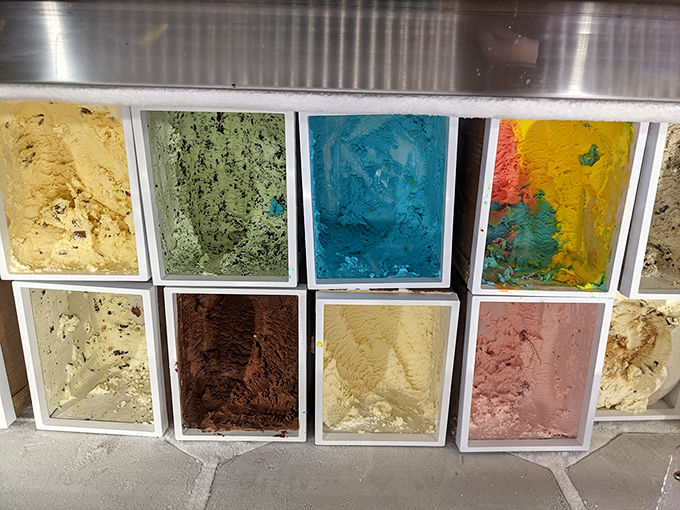 Ice cream flavors arranged like an artist's palette, from classic vanilla to colors that don't exist in nature but somehow look perfectly at home in a scoop.
