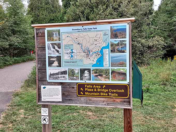 The park's information board offers a crash course in geology and trail options, though the sound of rushing water tends to be more persuasive than any map.