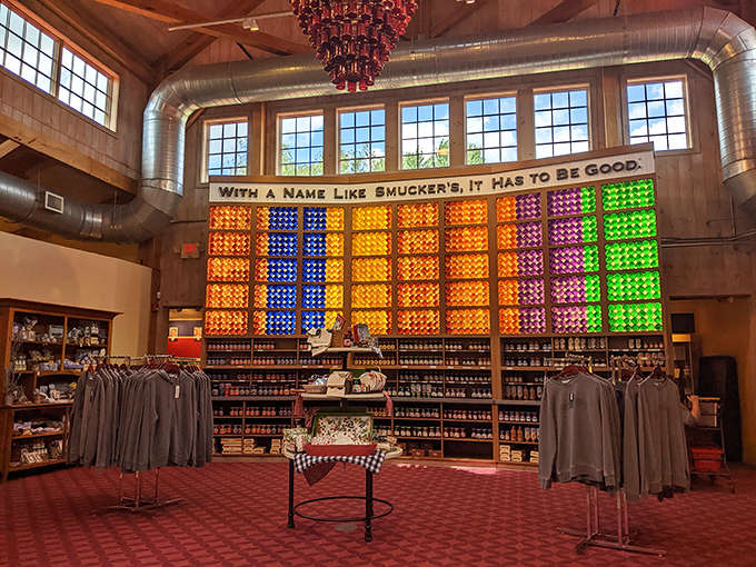 Sunlight transforms ordinary jars into extraordinary jewels, the preserves glowing like edible stained glass in this spreadable cathedral.