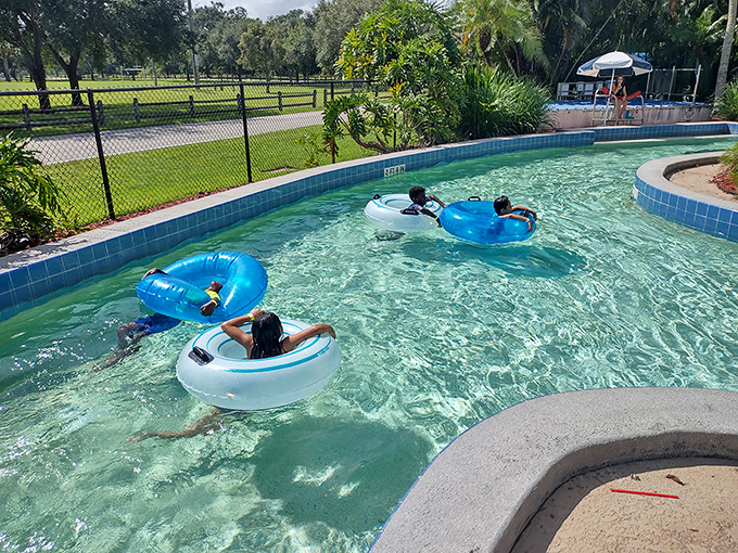 Inner tubes carry happy floaters along the lazy river&mdash;some chatting animatedly, others achieving that perfect vacation zen state.