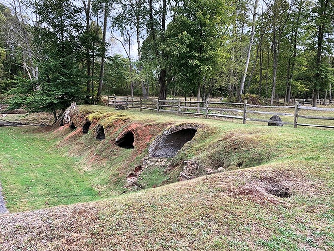 Nature's slow embrace: Tree roots and undergrowth gradually incorporate these historic structures into the forest's living architecture.