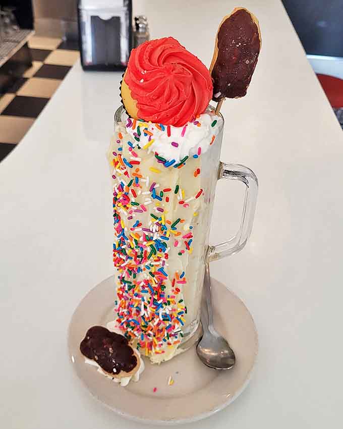 This milkshake creation looks like it escaped from a dessert fever dream, and we're here for it.