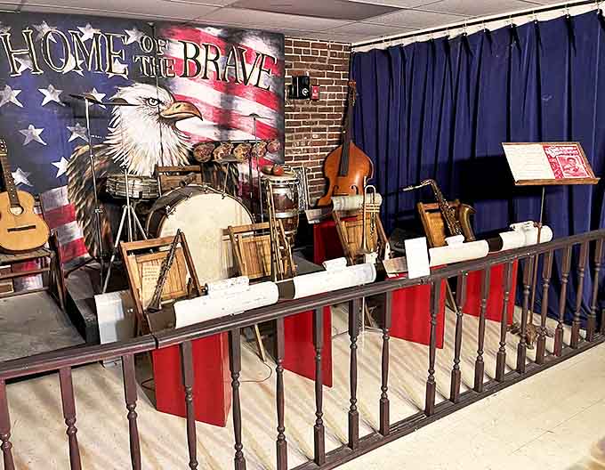 A patriotic display of vintage musical instruments reminds us that Route 66 culture included the soundtrack of American life, from guitars to drums.