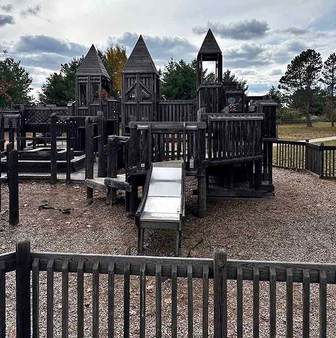 This wooden castle playground gives younger visitors a chance to burn energy when they need a break from rock hunting.
