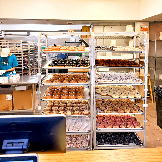 Donut production in full swing &ndash; where vegan magic happens on metal racks, proving paradise is just a kitchen away.