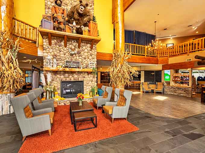 The grand lobby makes a spectacular first impression, where soaring ceilings, stone fireplaces, and timber accents set the tone for your woodland retreat.