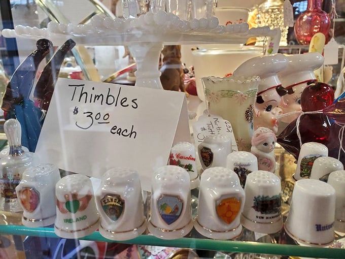 Tiny treasures with big memories – these collectible thimbles represent just one corner of the vast array of specialized collections throughout the mall.