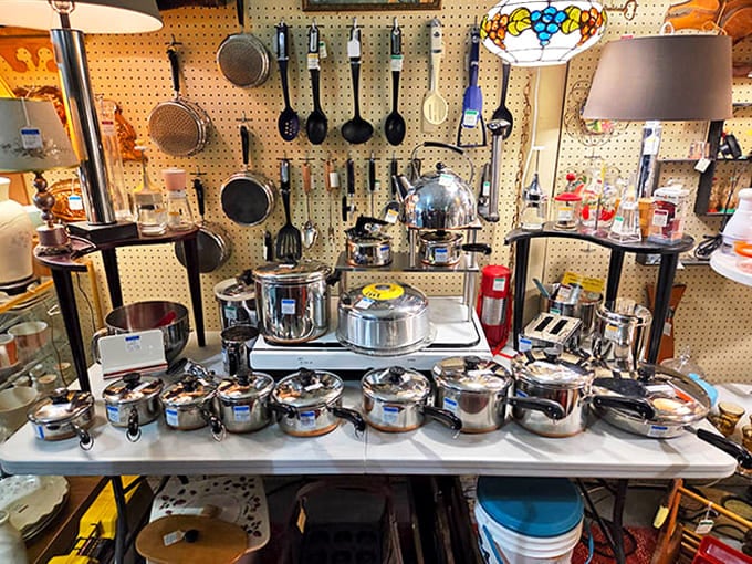 Cooking with history &ndash; this impressive collection of stainless steel cookware gleams under the lights, ready for a second life in a modern kitchen.