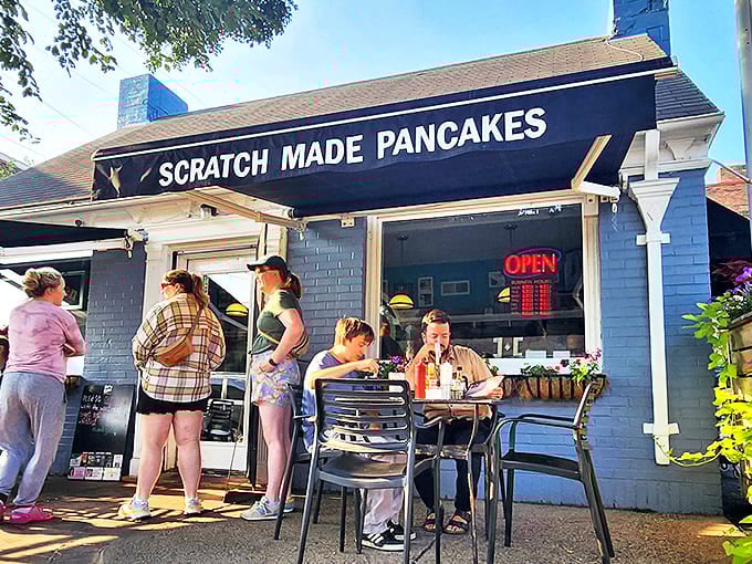 Weekend warriors waiting for their breakfast fix – the line outside Our Kitchen speaks volumes about what awaits inside.