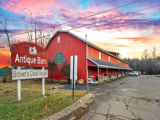 Exterior: The iconic red barn glows like a beacon of nostalgia against a Michigan sunset, promising treasures within its weathered walls.