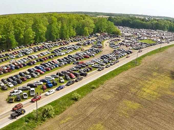 Aerial view reveals the massive scale of Armada Flea Market, where thousands of treasure hunters converge every Sunday in search of the unexpected.