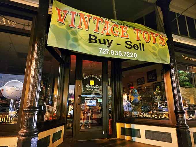 The glowing "VINTAGE TOYS" sign beckons from Beach Boulevard, promising a journey back to childhood for anyone brave enough to enter.