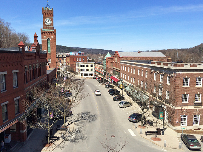 Bellows Falls, Vermont: Where history stands tall in brick and mortar, the iconic clock tower watching over streets that whisper stories of centuries past.
