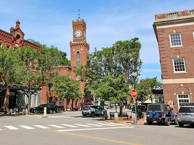 The iconic brick clock tower stands sentinel over Bellows Falls, marking time as it has for generations in this historic Vermont town.