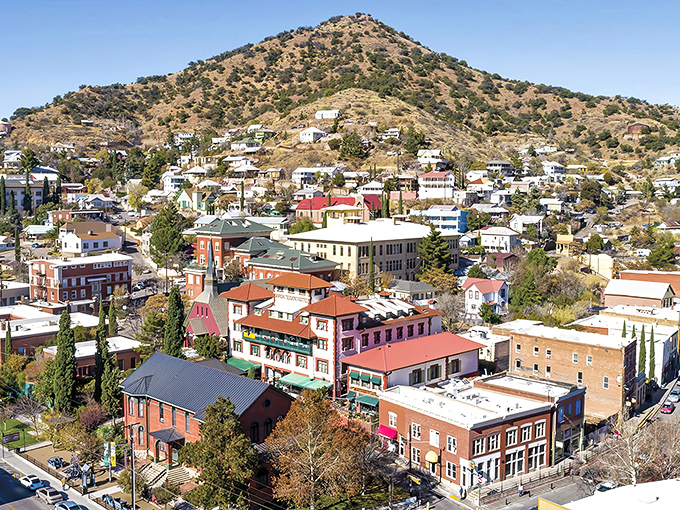 Bisbee's colorful hillside homes cling to the Mule Mountains like a painter's palette spilled across the landscape, creating a postcard-perfect panorama.
