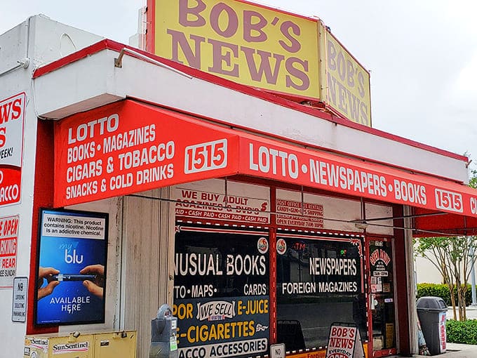 The iconic red and yellow exterior of Bob's News & Books stands out like a literary lighthouse on Fort Lauderdale's landscape.