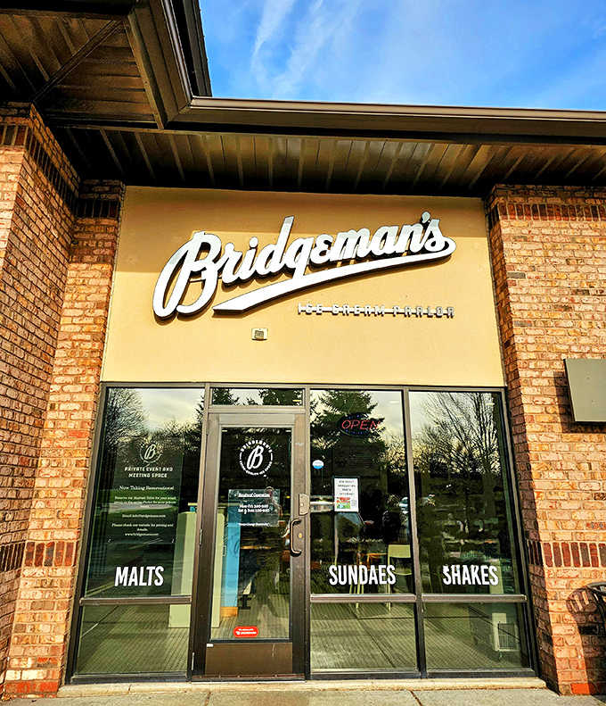 Bridgeman's welcoming storefront beckons with promises of "MALTS, SUNDAES, SHAKES" &ndash; three little words that spell big happiness for anyone with a sweet tooth.