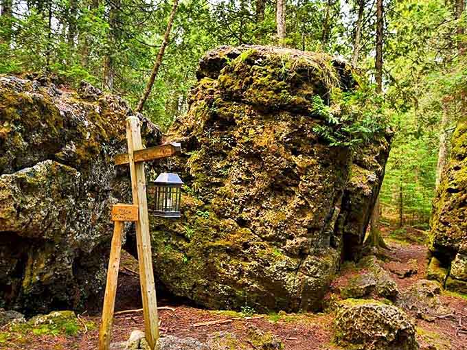 Ancient moss-covered boulders stand guard at the entrance to "Narnia," complete with a wooden lantern that would make Tumnus proud.