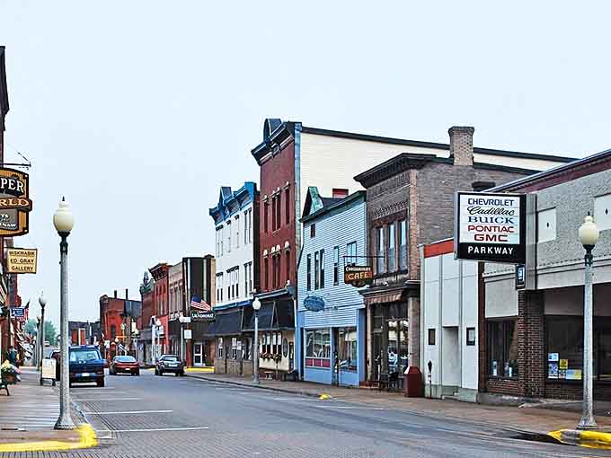 Downtown Calumet's historic streetscape whispers stories of copper fortunes with its beautifully preserved brick and sandstone buildings lining the main thoroughfare.