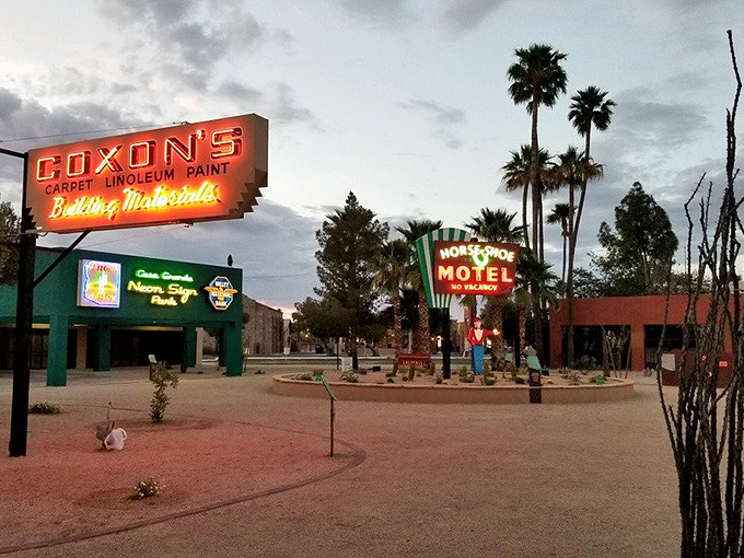 The neon wonderland of Casa Grande comes alive at dusk, with Coxon's and the Horse Shoe Motel signs creating a technicolor dreamscape against the desert twilight.