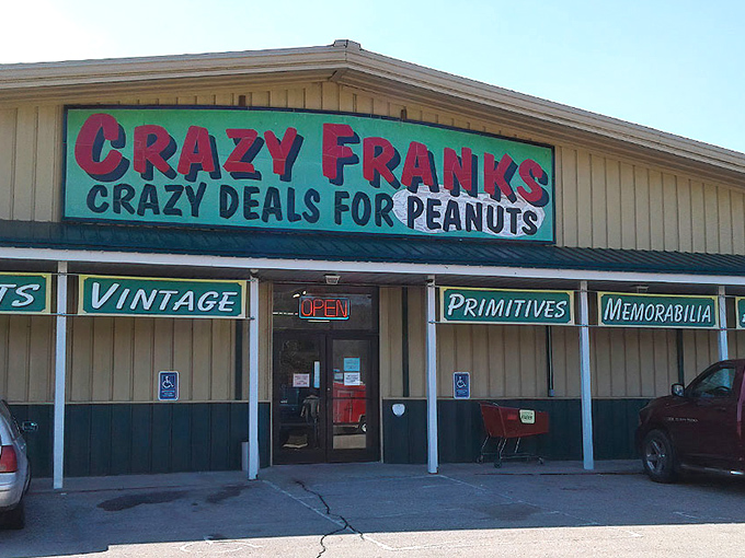 The iconic green and red sign welcomes treasure hunters to Crazy Frank's, where "Crazy Deals for Peanuts" isn't just a slogan—it's a promise.
