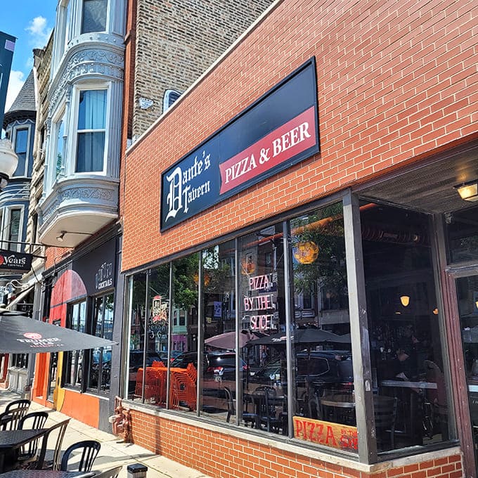 Dante's Tavern stands proudly on a Chicago street, its brick facade and classic signage promising pizza perfection within.