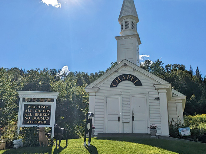 The pristine white Dog Chapel welcomes visitors with its charming sign: "All Creeds, All Breeds, No Dogmas Allowed."