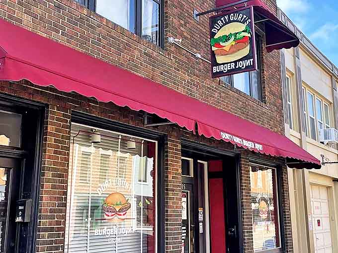 That red awning and burger sign combo is basically a beacon for anyone within a five-mile radius who's even slightly hungry.